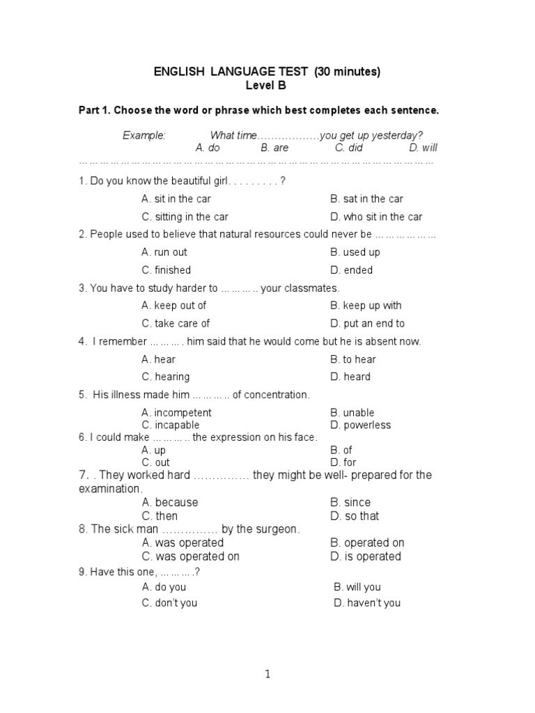 English Language Test (30 Minutes) Level B: Part 1. Choose The Word or ...