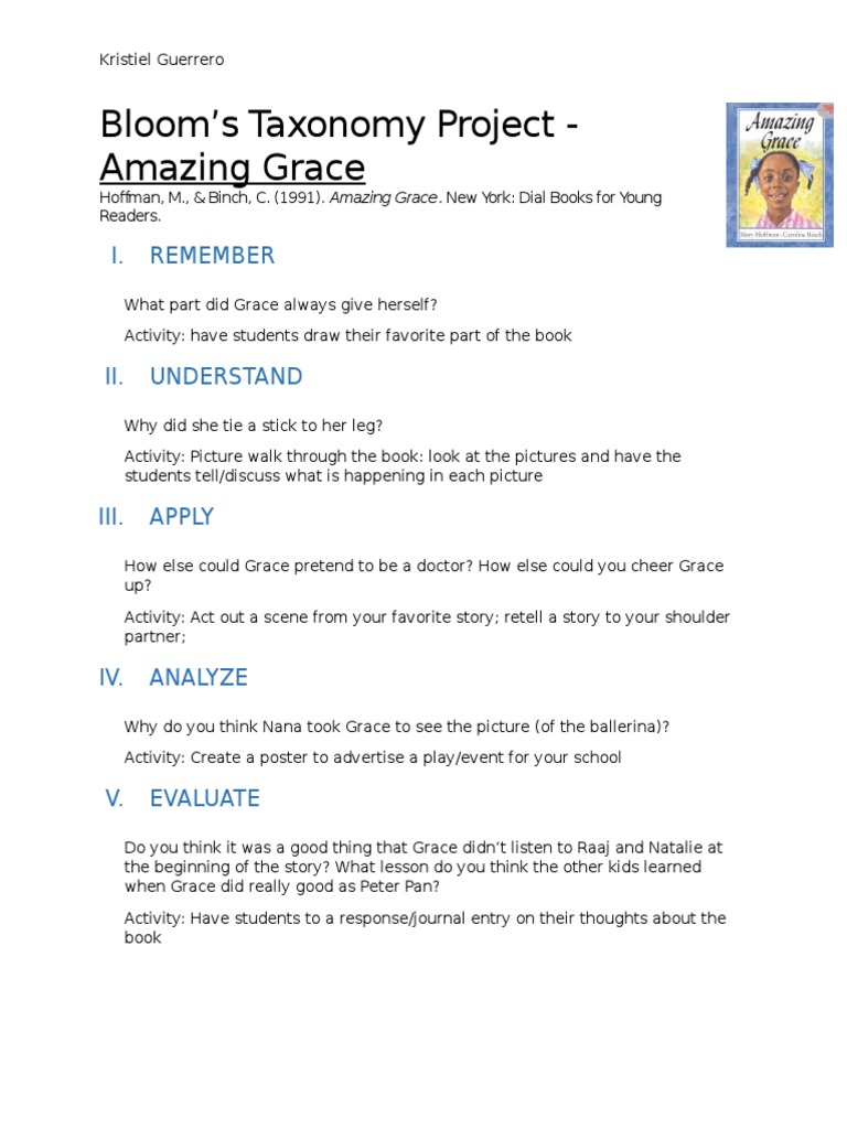 Bloom’s Taxonomy: Amazing Grace Activities | PDF