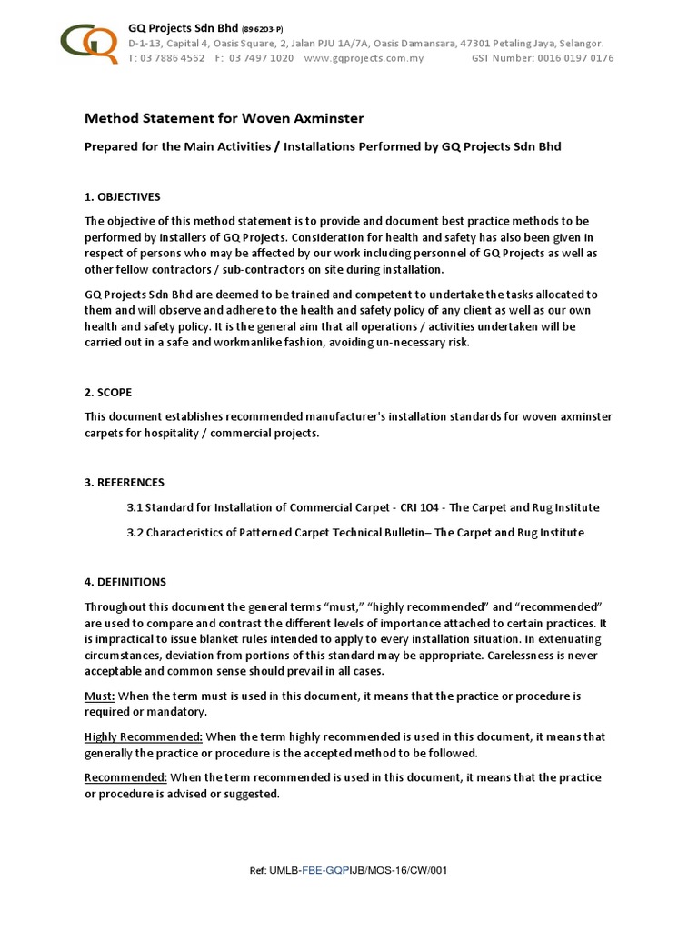 Cw-002 - GQ Projects - Axminster Method Statement | PDF | Adhesive | Personal Protective Equipment
