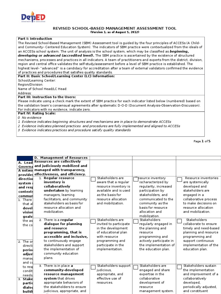 Revised SBM Assessment Tool | Download Free PDF | Educational ...