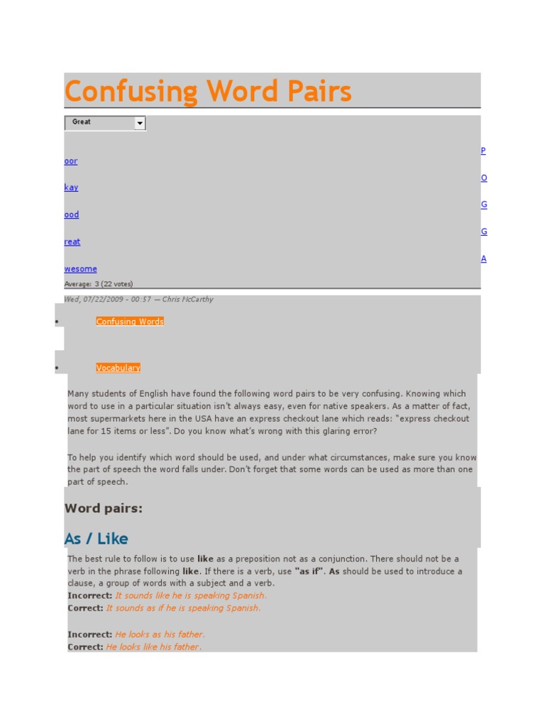 Confusing Word Pairs: As / Like | PDF | Language Mechanics | Languages