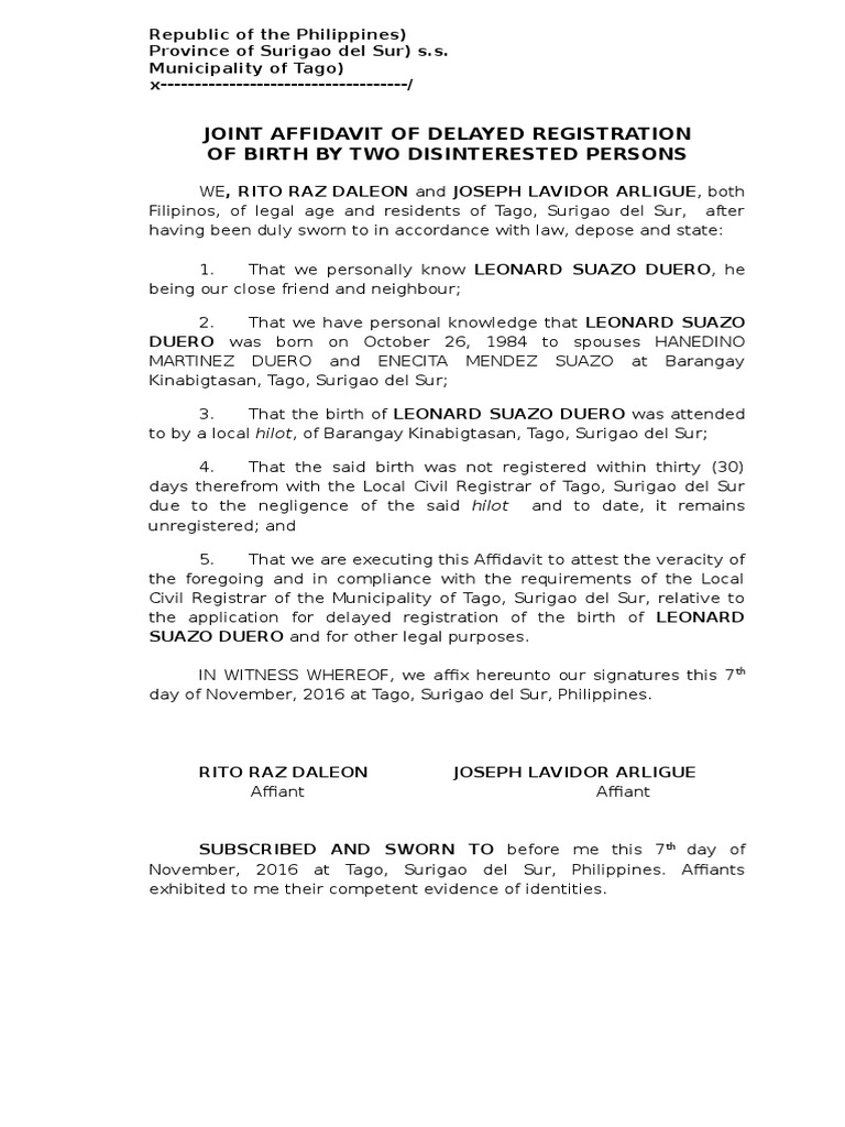 Joint Affidavit of Delayed Registration of Birth | Affidavit | Evidence ...