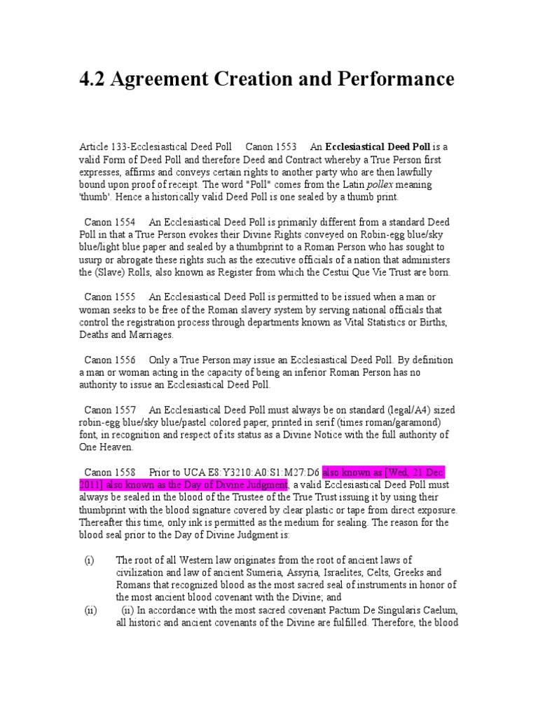 4 2 Agreement Creation and Performance Ecclesiastical Deed Poll Day of ...