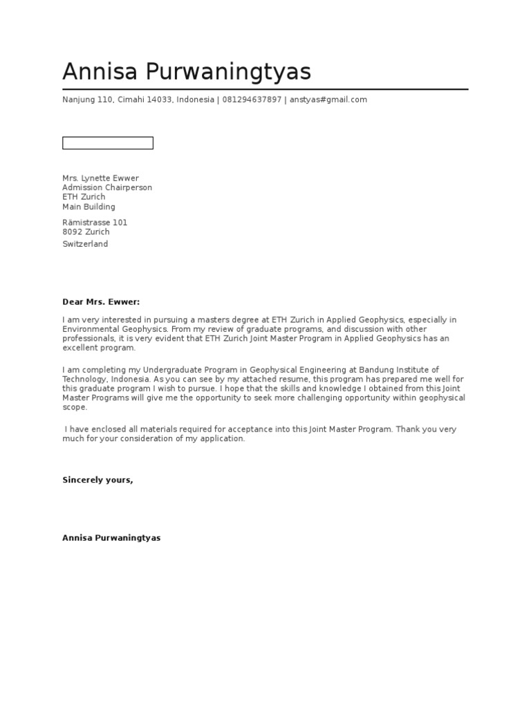 ETH Zurich Masters Application Letter | PDF