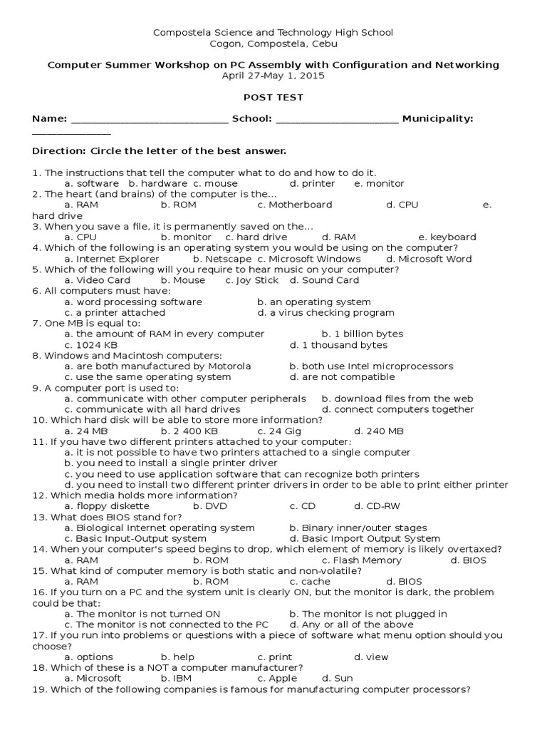 Pre Test Questions | PDF | Personal Computers | Operating System