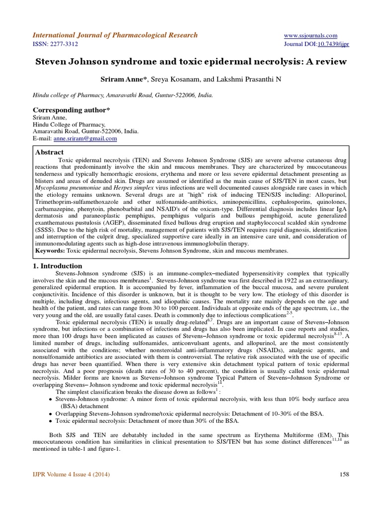 Steven Johnson Syndrome and Toxic Epidermal Necrolysis: A Review | PDF