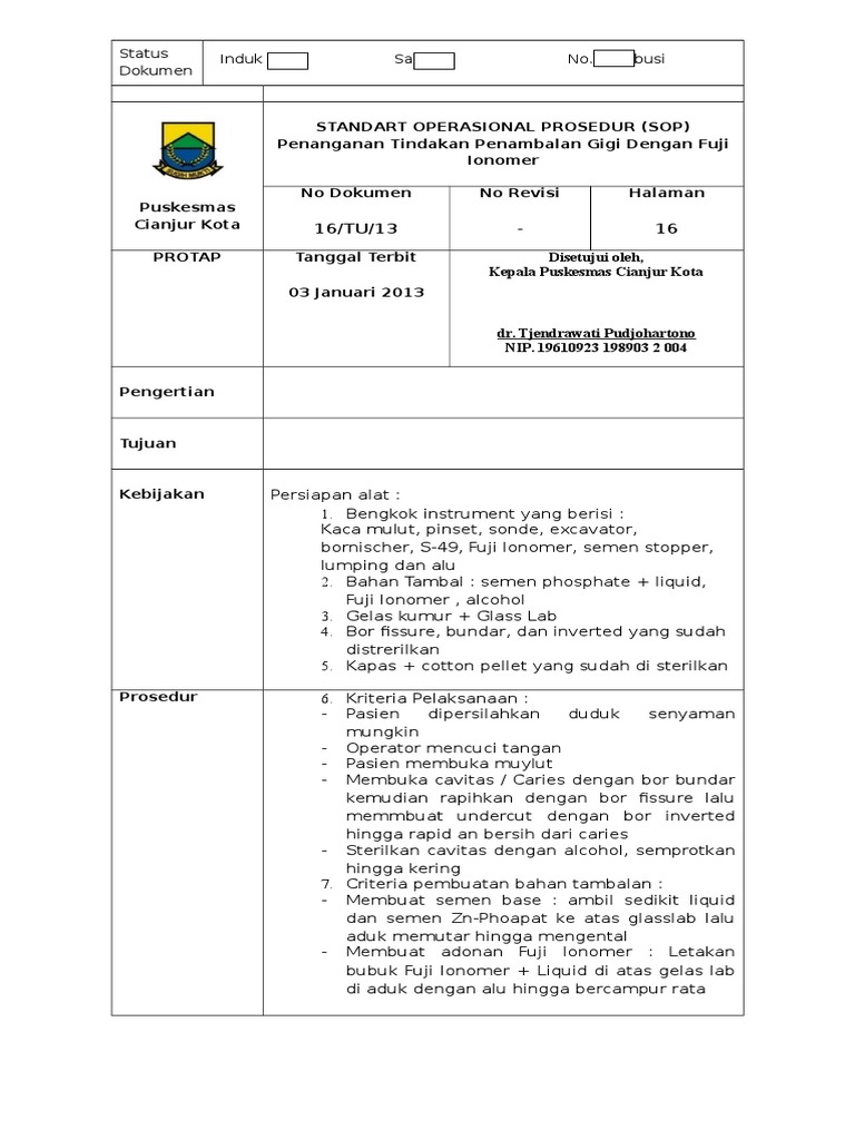 Sop Penanganan Tindakan Penambalan Gigi Dengan Fuji Ionomer | PDF