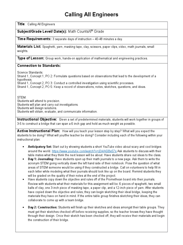 Bridge Building Lesson Plan | PDF | Teaching Mathematics | Lesson Plan