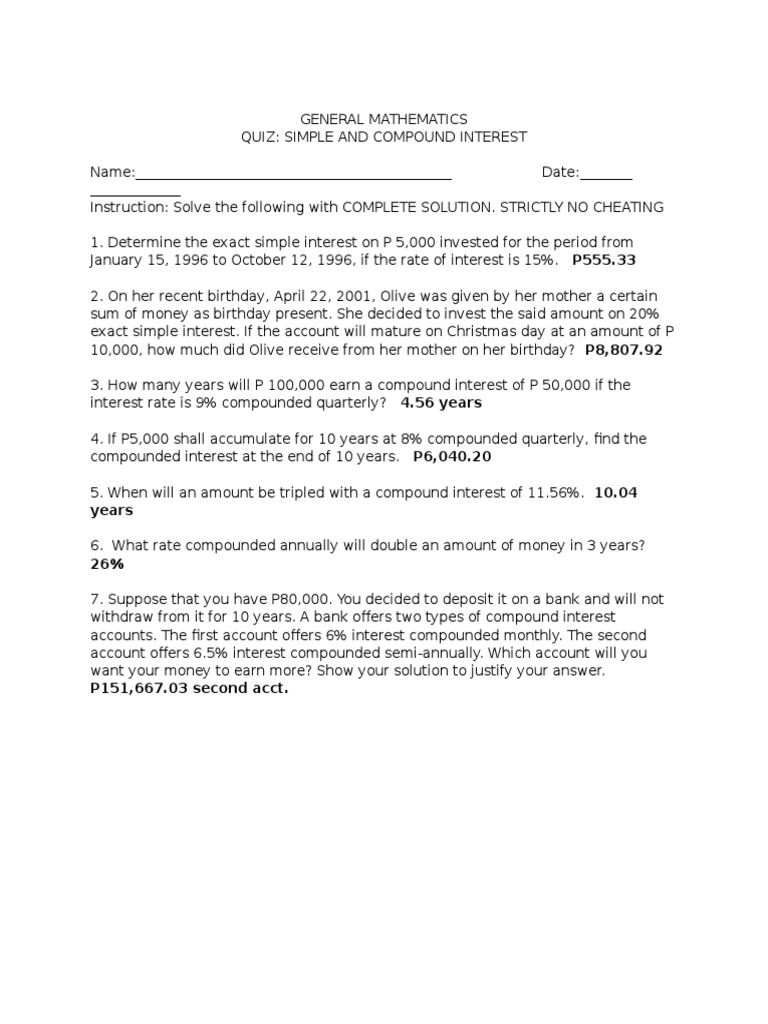 8th Grade Interest Calculation Worksheet | PDF