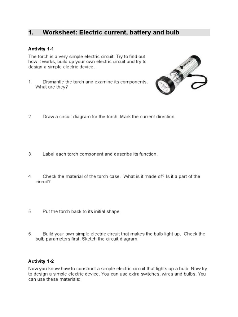Worksheet: Electric Current, Battery and Bulb: Activity 1-1 | PDF