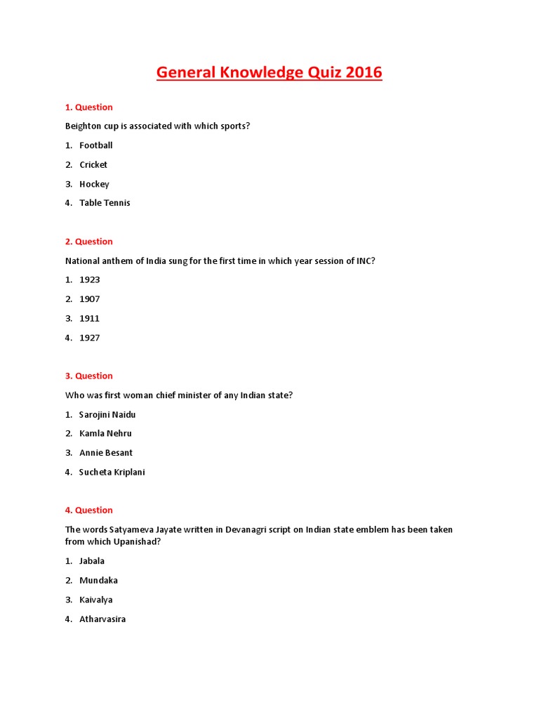 General Knowledge Quiz 2016 | PDF