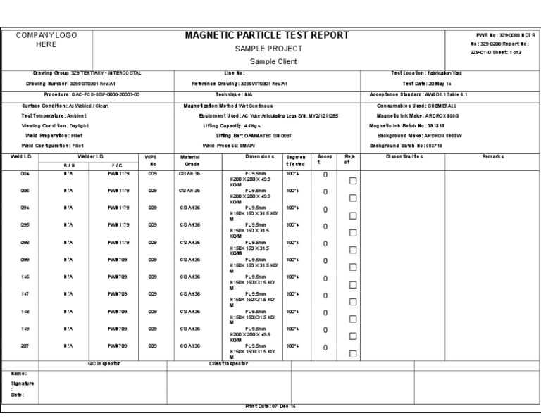 Magnetic Particle Test Report: Company Logo Here Sample Project Sample ...