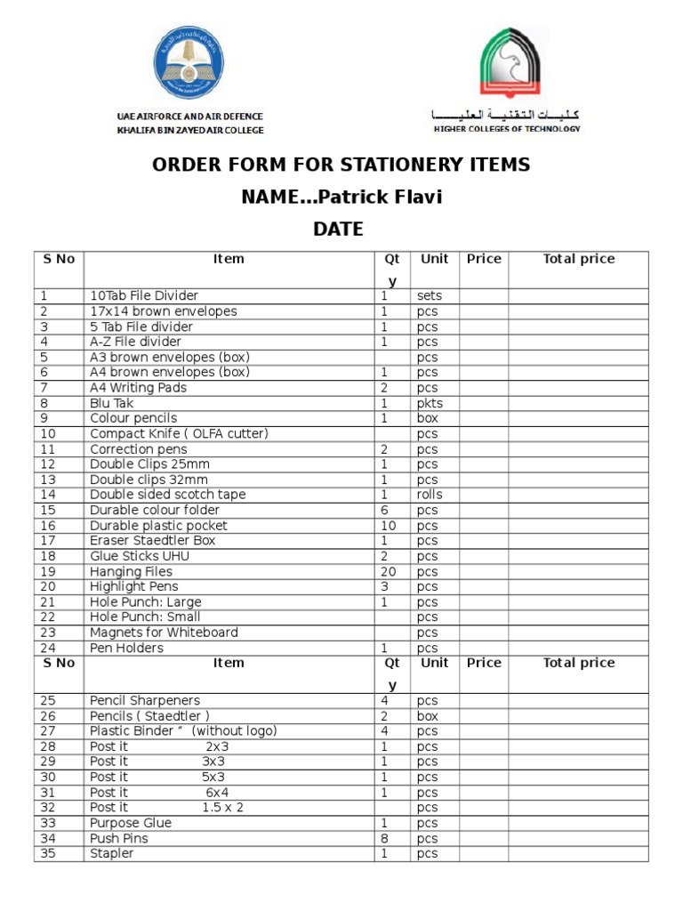 Stationery Order Form Template | PDF