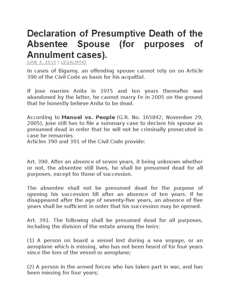 Declaration of Presumptive Death of The Absentee Spouse | PDF
