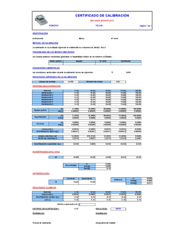 Hoja de Calibración y Tolerancia para Balanza Monoplato | PDF