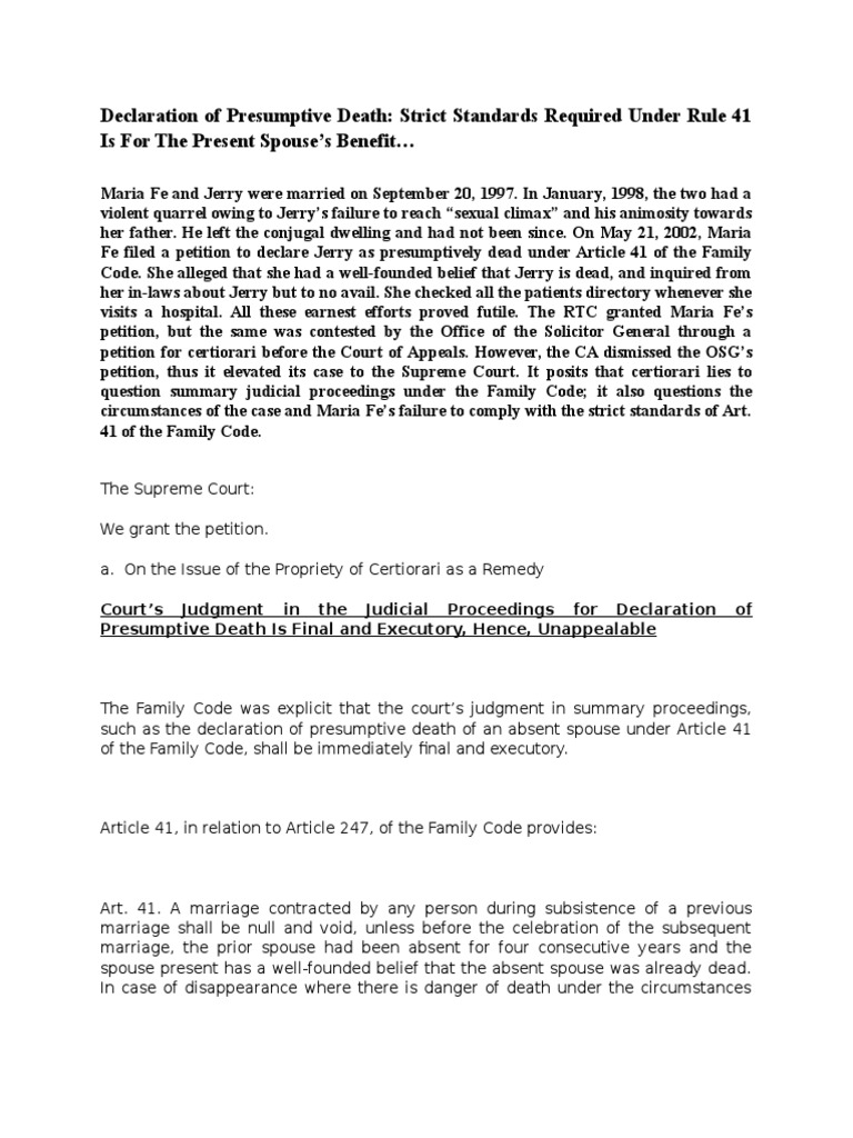 Declaration of Presumptive Death Strict Standard Under Art 41 | PDF ...
