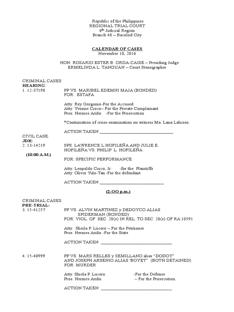 Calendar of Cases | PDF | Prosecutor | Crime & Violence
