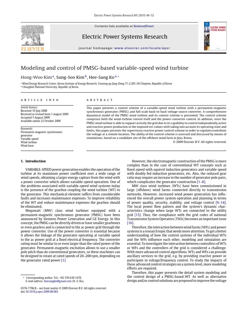 Modeling and Control of PMSG Based Variable Speed Wind Turbine 2010 Electric Power Systems ...