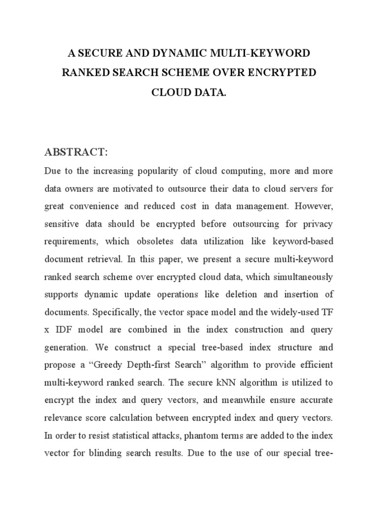 A Secure and Dynamic Multi-Keyword Ranked Search Scheme Over Encrypted Cloud Data | PDF | Search ...