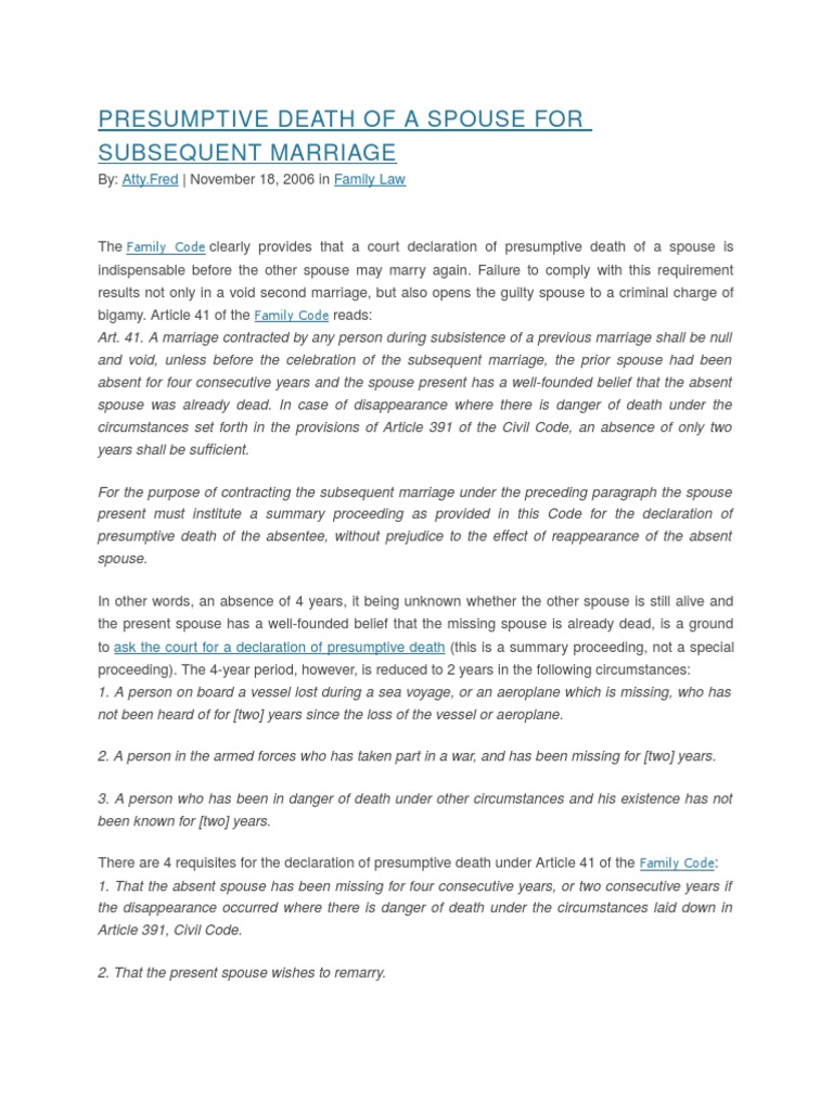 Presumptive Death of a Spouse for Subsequent Marriage | Annulment ...