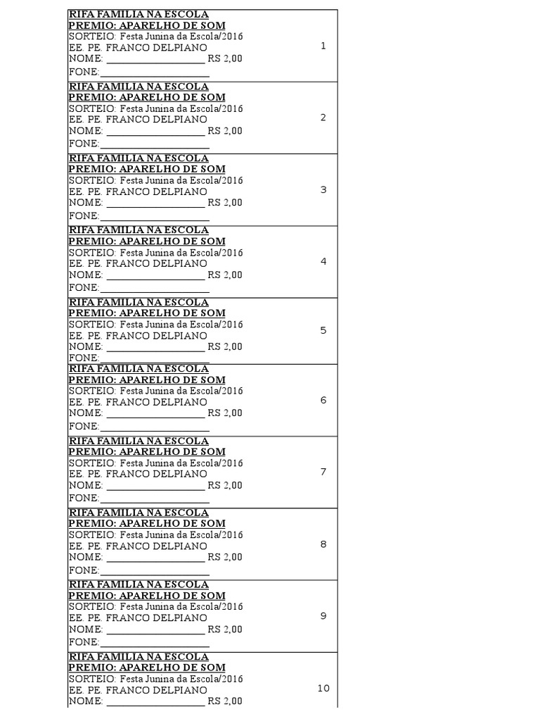 Modelo de Rifa Com Números de 1 A 1000 | PDF