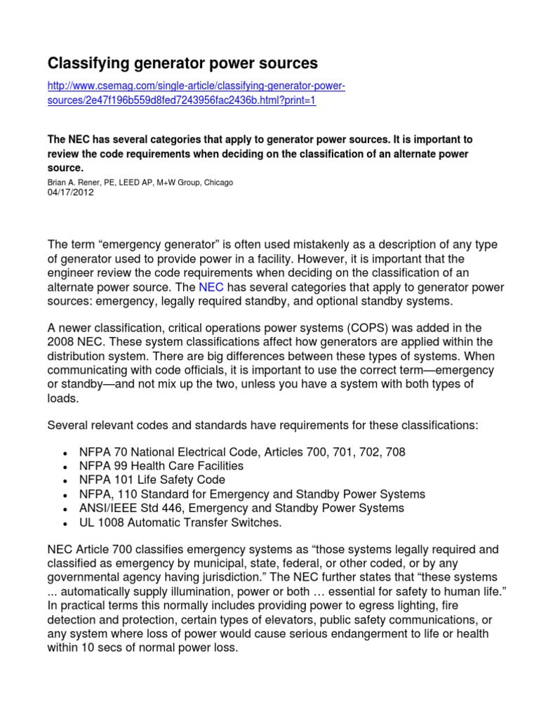 Classifying Generator Power Sources | PDF | Electrical Wiring | Power ...