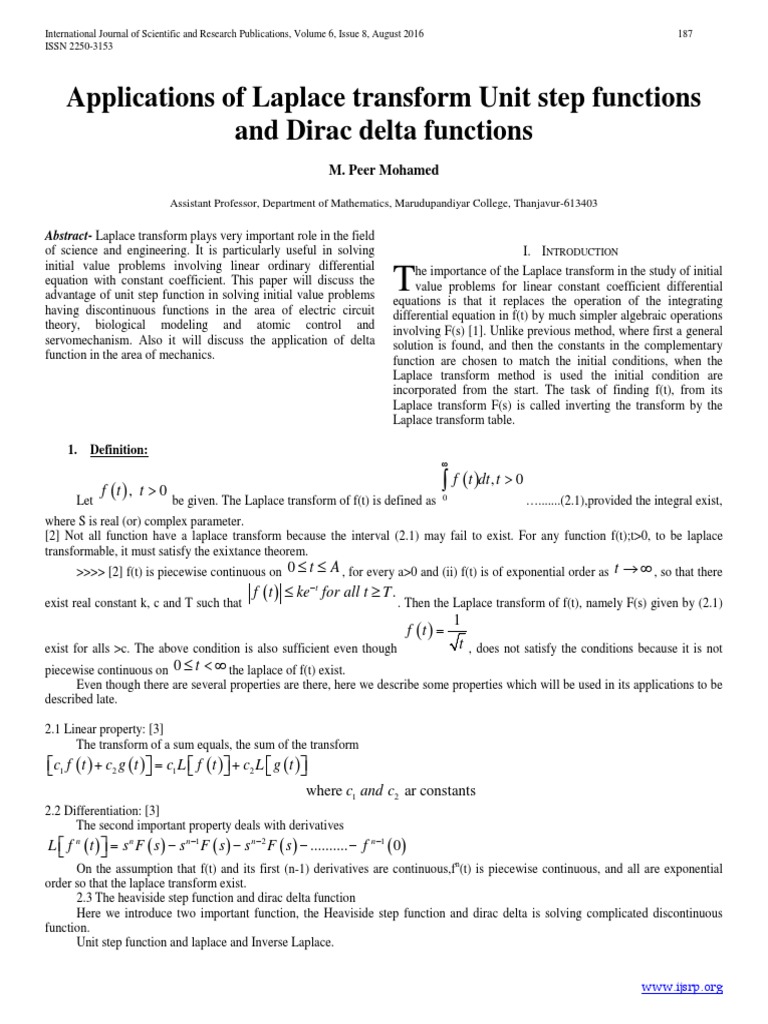 Applications of Laplace Transform Unit Step Functions and Dirac Delta Functions | Download Free ...