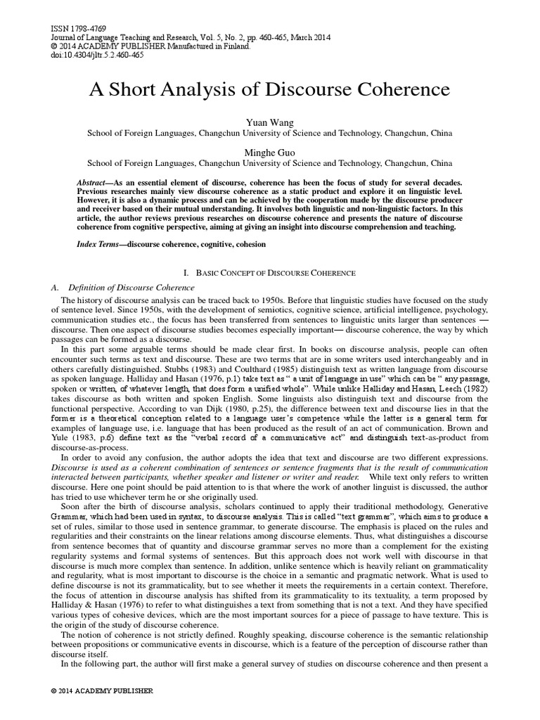 A Short Analysis of Discourse Coherence | PDF | Linguistics | Semantics