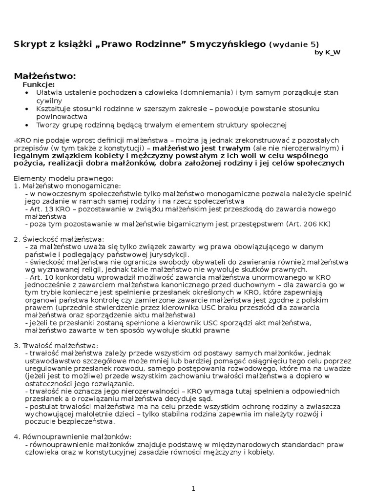 Prawo - Rodzinne - Skrypt Smyczyńskiego | PDF