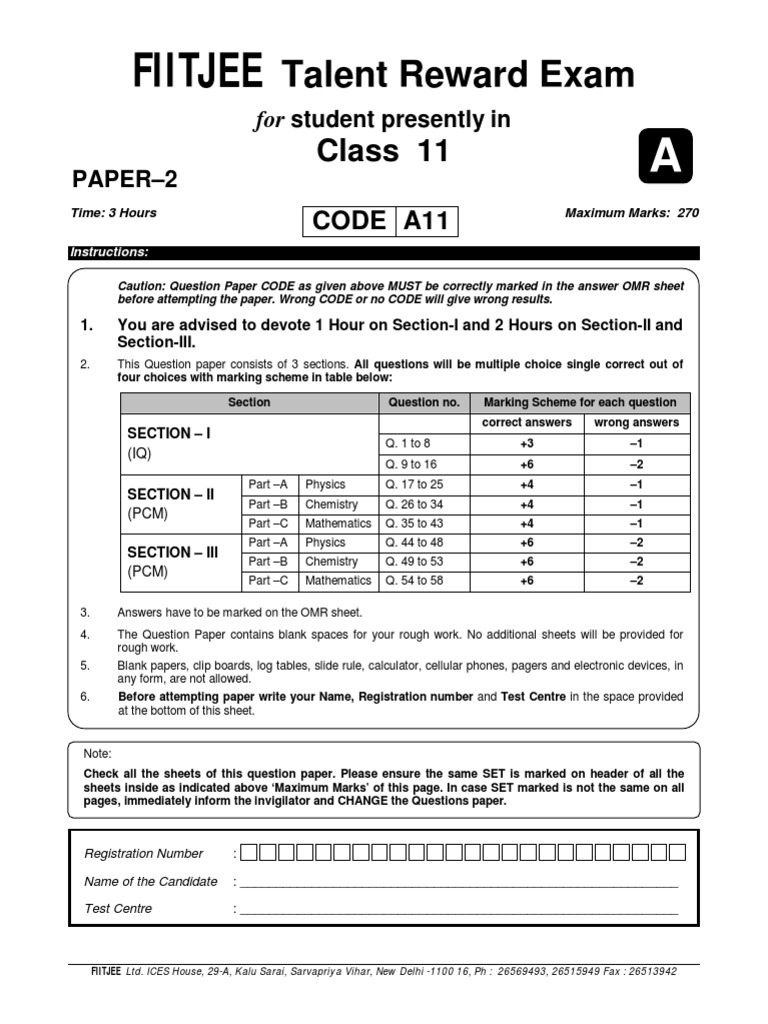 Fiitjee Ftre 2013 Question Paper For Class 11 Paper 2 | Download Free ...