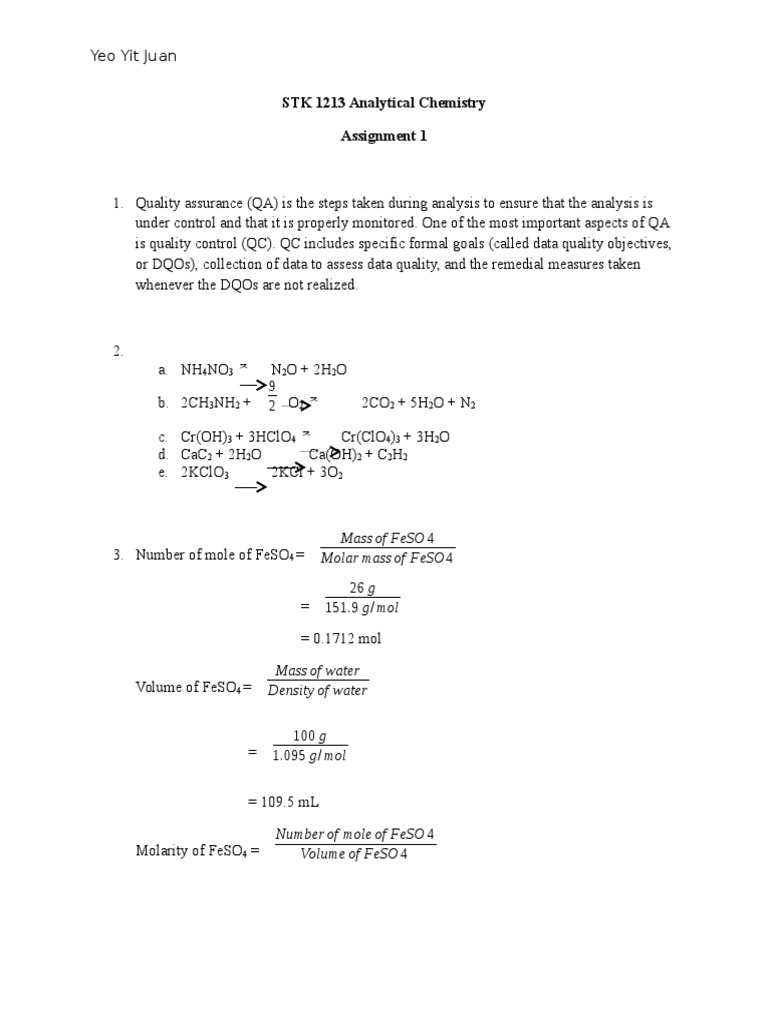 Quality Control in Analytical Chemistry: Calculating Molarity, Moles ...