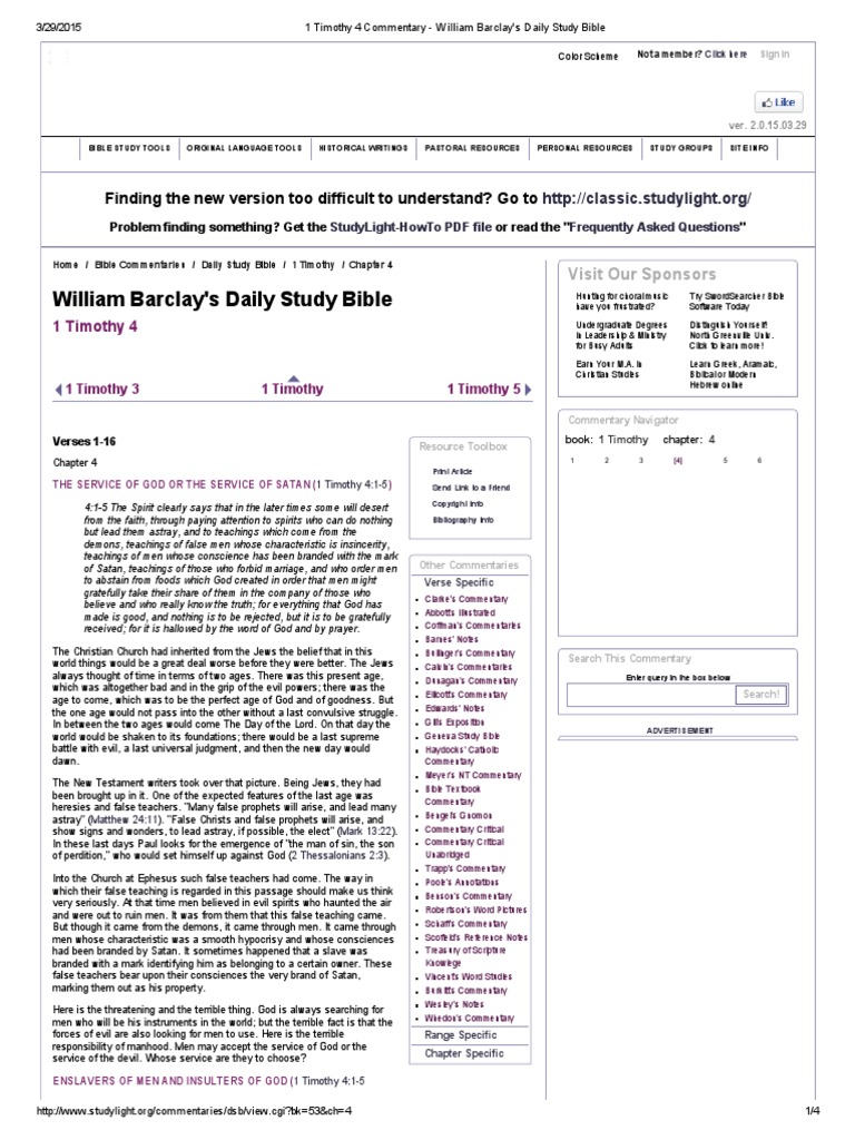 1 Timothy 4 Commentary - William Barclay's Daily Study Bible | Download ...
