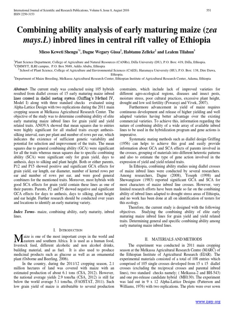 Combining Ability Analysis of Early Maturing Maize (Zea Mays.l) Inbred ...