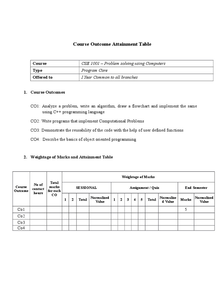 CO Attainment Template For I Year Course Files | PDF
