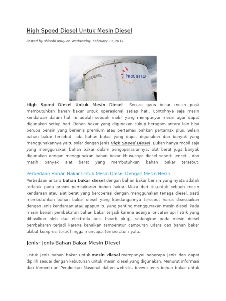 High Speed Diesel Untuk Mesin Diesel | PDF
