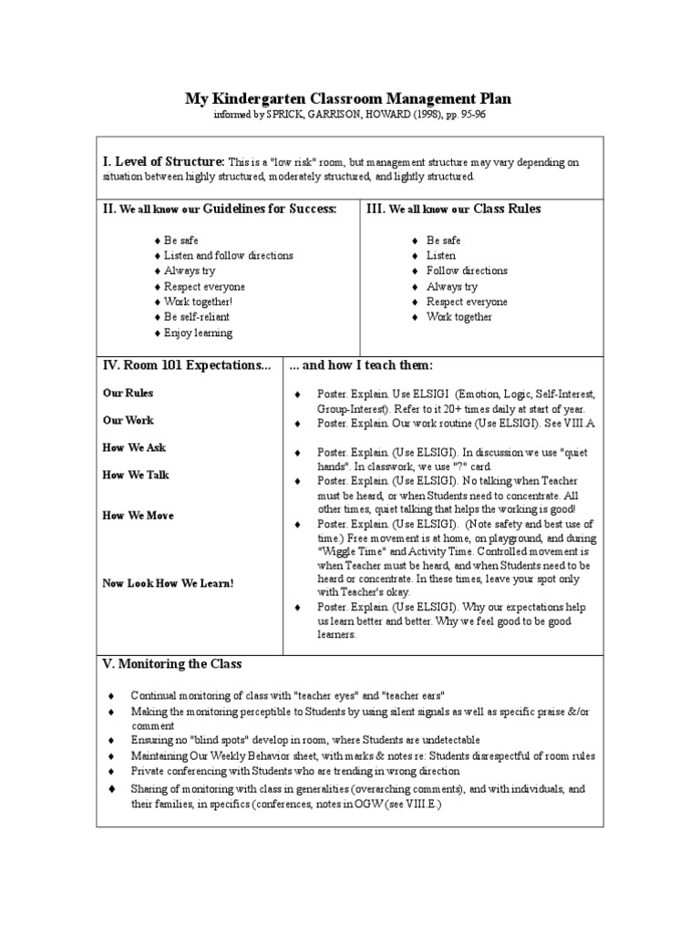 My Kindergarten Classroom Management Plan: I. Level of Structure: II ...