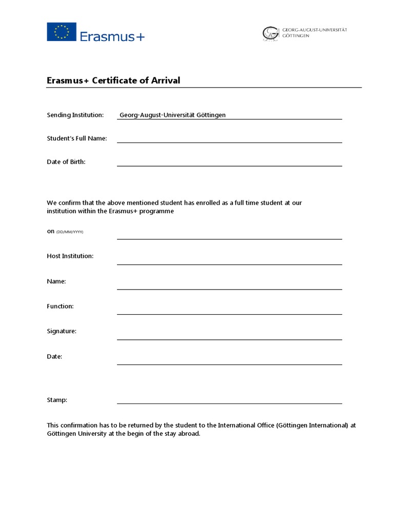 Erasmus+ Arrival Confirmation Form | PDF