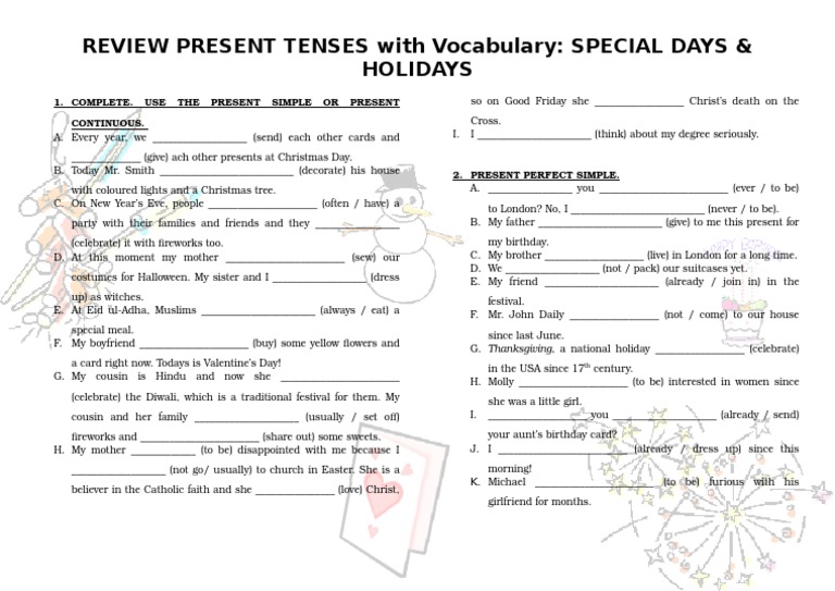 Review Present Tenses With Vocabulary Special | PDF