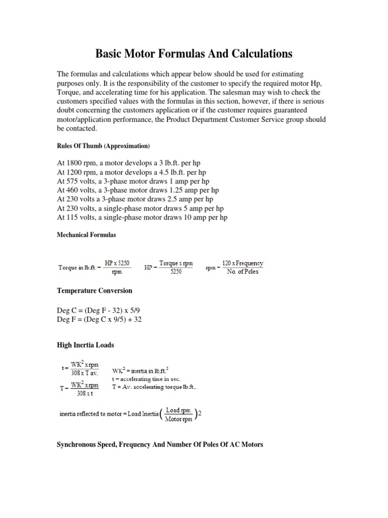 Basic Motor Formulas and Calculations PDF | PDF | Horsepower | Torque