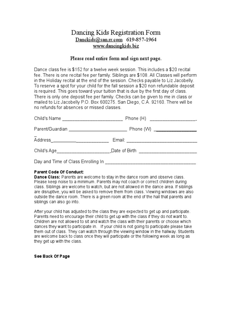 Dancing Kids Registration Form | PDF