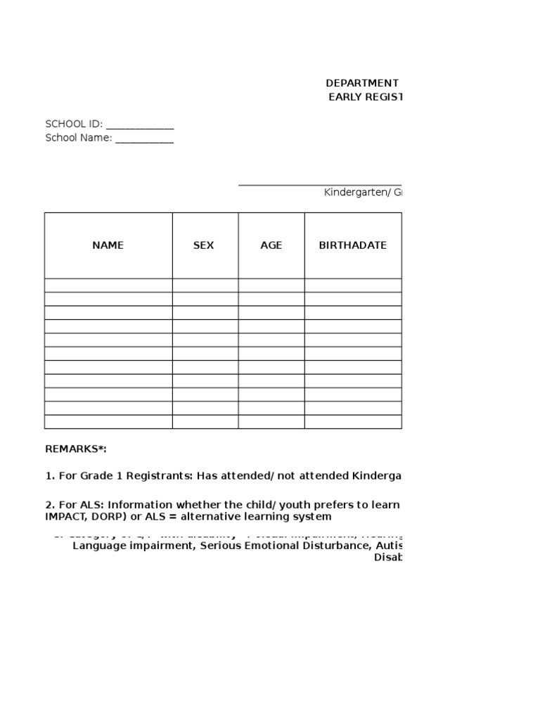 Early Registration Form for Schools | PDF | Special Education | Disability