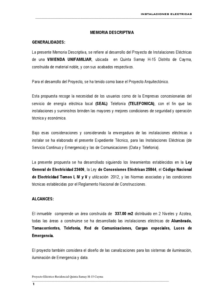 Memoria Descriptiva Electricas-Vivienda | PDF | Enchufes y tomas de corriente alterna | Tornillo