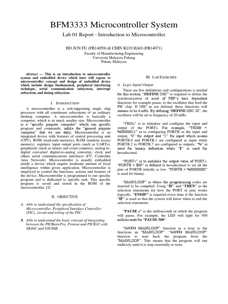 BFM3333 Microcontroller System: Lab 01 Report - Introduction To Microcontroller | PDF ...