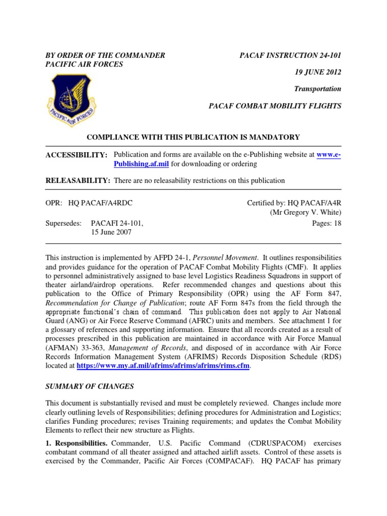 By Order of The Commander Pacific Air Forces Pacaf Instruction 24-101 ...