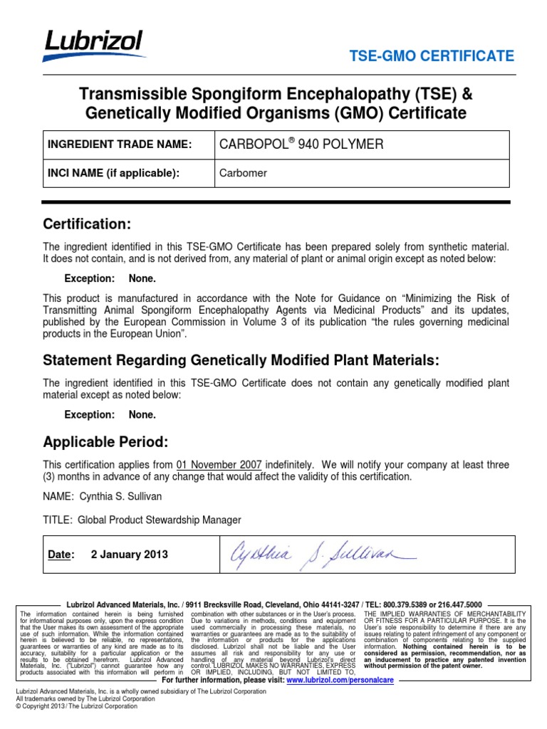 Transmissible Spongiform Encephalopathy (TSE) & Genetically Modified Organisms (GMO) Certificate ...