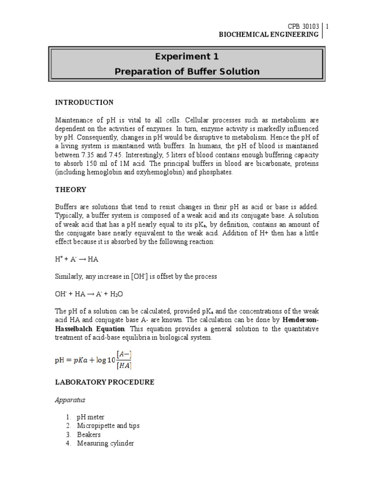 Experiment 1 Preparation of Buffer Solution: Biochemical Engineering ...