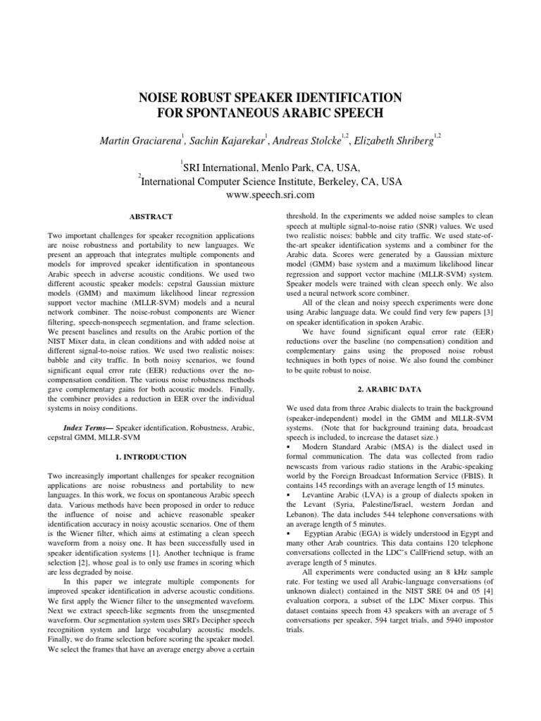 Noise Robust Speaker Identification | PDF | Support Vector Machine | Image Segmentation
