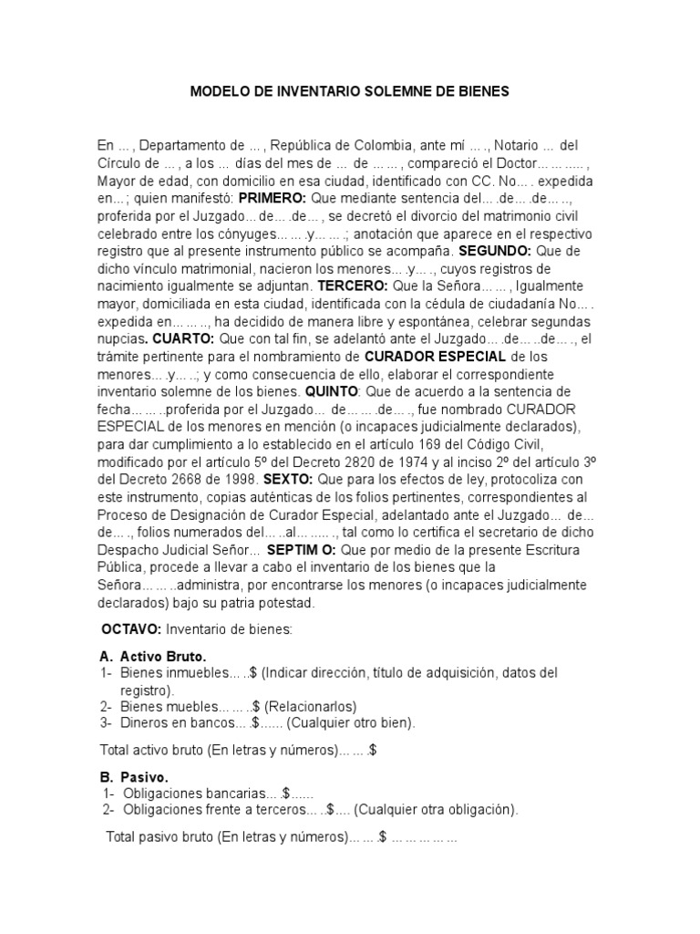 Modelo de Inventario Solemne de Bienes | PDF Modelo de Inventario Solemne de Bienes | PDF