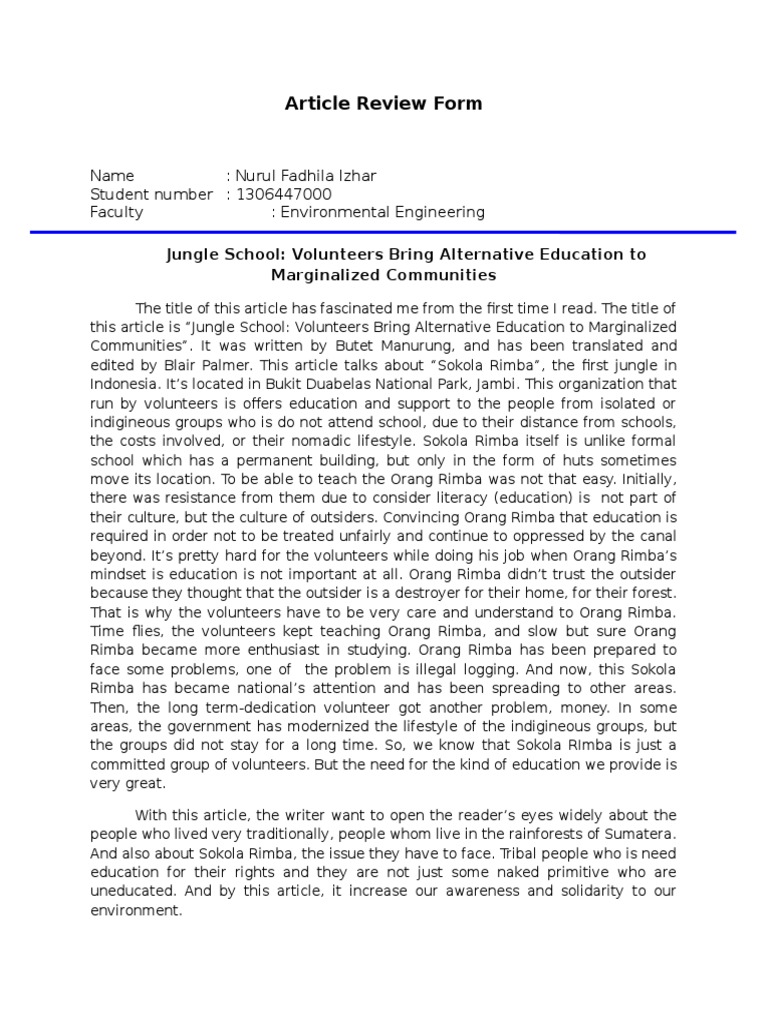 Article Review Form: Name: Nurul Fadhila Izhar Student Number ...