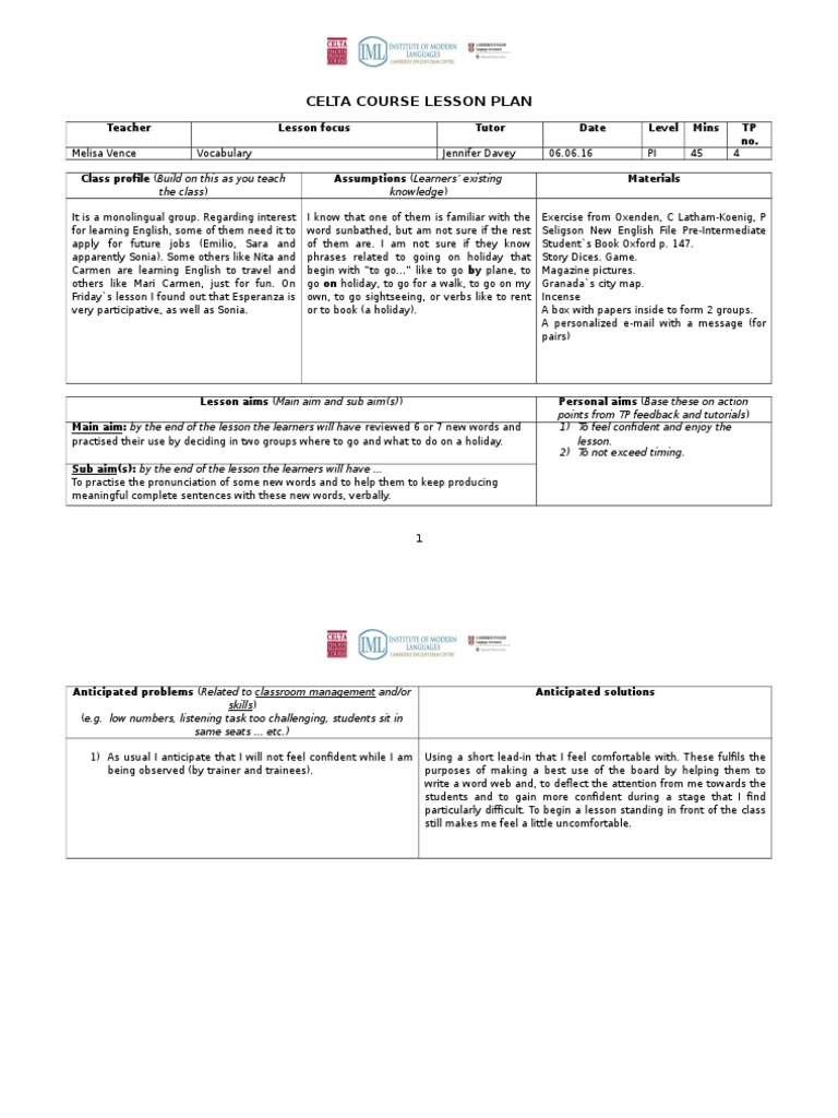 Celta Course Lesson Plan: The Class) Knowledge) | PDF | Stress ...